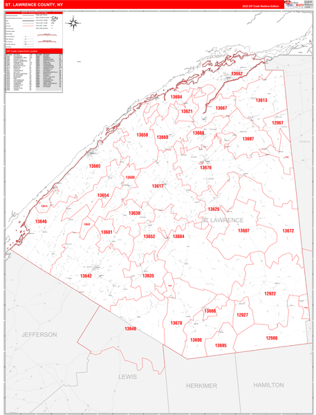 St. Lawrence County, NY Zip Code Wall Map Red Line Style by MarketMAPS ...