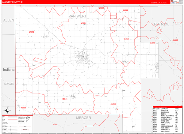 Van Wert County, OH Zip Code Wall Map Red Line Style by MarketMAPS ...
