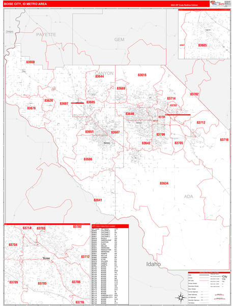 Boise City, ID Metro Area Wall Map Red Line Style by MarketMAPS - MapSales