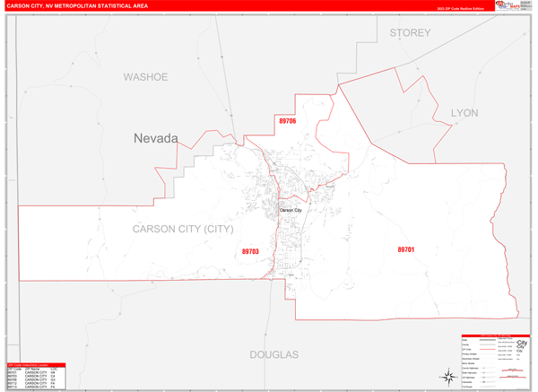 Carson City, NV Metro Area Wall Map Red Line Style by MarketMAPS - MapSales