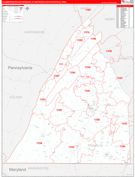 Chambersburg-Waynesboro, PA Metro Area Wall Map Red Line Style by ...