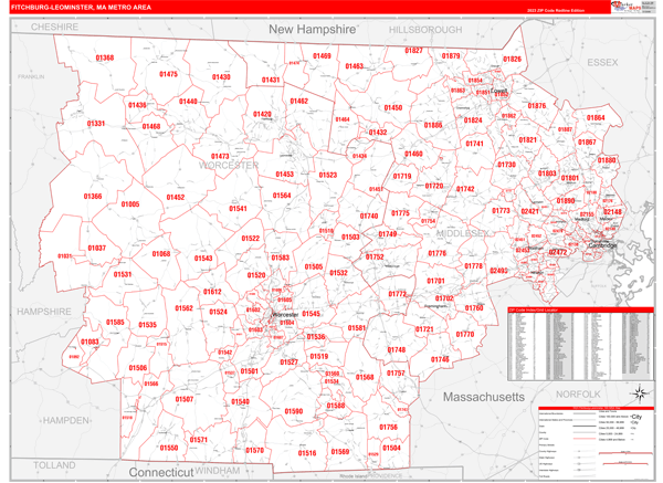 Fitchburg-Leominster, MA Metro Area Zip Code Wall Map Red Line Style by ...