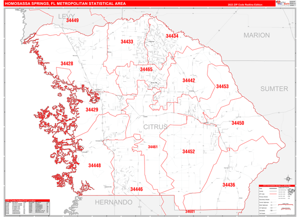 Homosassa Springs, FL Metro Area Wall Map Red Line Style by MarketMAPS ...