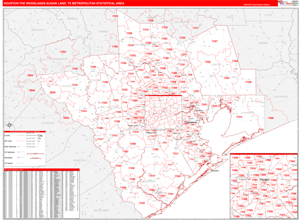 Houston-The Woodlands-Sugar Land, TX Metro Area Wall Map Red Line Style ...