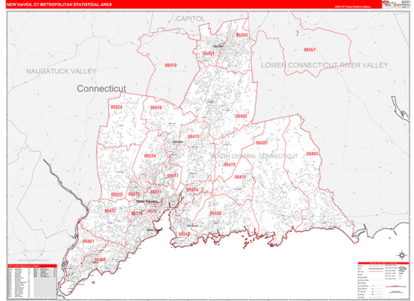 New Haven, CT Metro Area Wall Map Red Line Style by MarketMAPS - MapSales