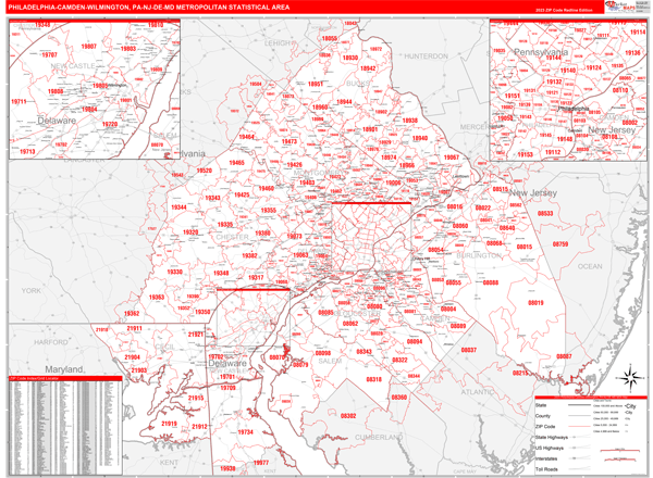 Philadelphia-Camden-Wilmington, PA Metro Area Wall Map Red Line Style ...