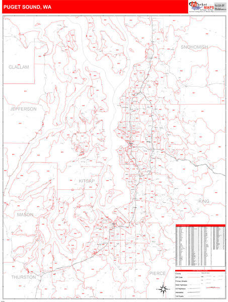 Puget Sound, WA Metro Area Wall Map Red Line Style by MarketMAPS - MapSales