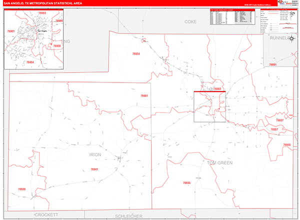 San Angelo, TX Metro Area Zip Code Wall Map Red Line Style by ...