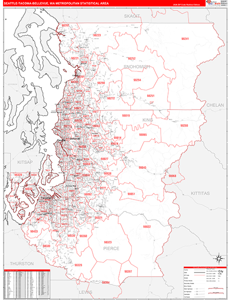 Seattle-Tacoma-Bellevue, WA Metro Area Wall Map Red Line Style by ...
