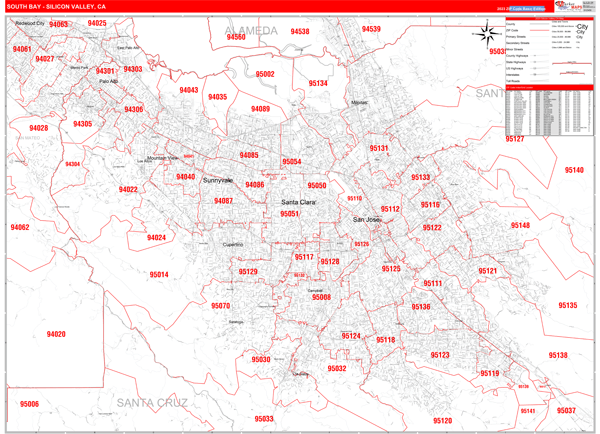 South Bay-Silicon Valley, CA Metro Area Zip Code Wall Map Red Line ...