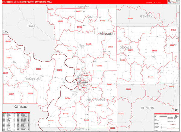 St. Joseph, MO Metro Area Wall Map Red Line Style by MarketMAPS - MapSales