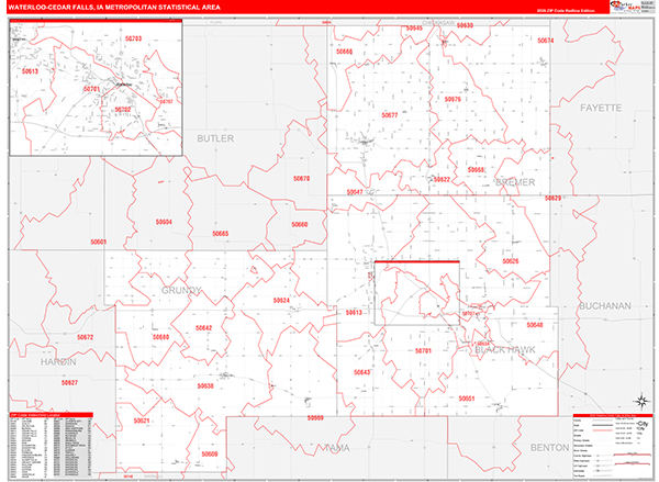 Waterloo-Cedar Falls, IA Metro Area Zip Code Wall Map Red Line Style by ...