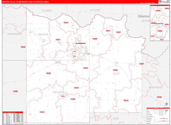 Wichita Falls, TX Metro Area Zip Code Wall Map Red Line Style by ...