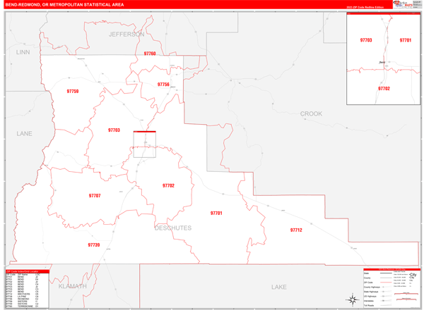 Bend-Redmond, OR Metro Area Wall Map Red Line Style by MarketMAPS ...