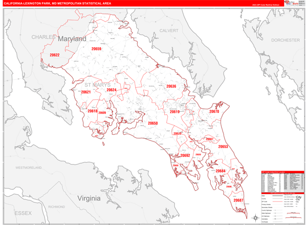 California-Lexington Park, MD Metro Area Wall Map Red Line Style by ...