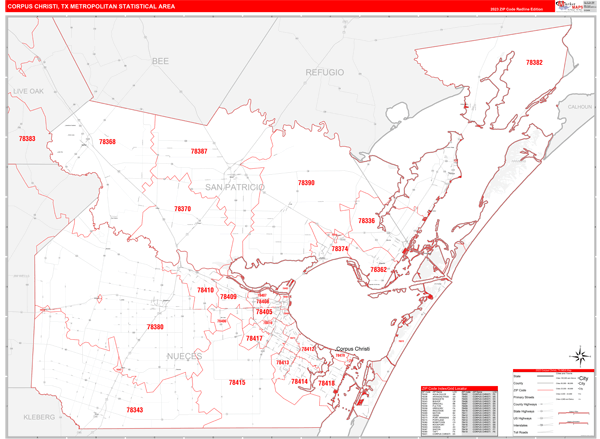 Corpus Christi, TX Metro Area Wall Map Red Line Style by MarketMAPS ...
