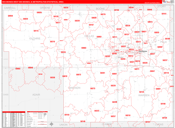 Des Moines-West Des Moines, IA Metro Area Wall Map Red Line Style by ...