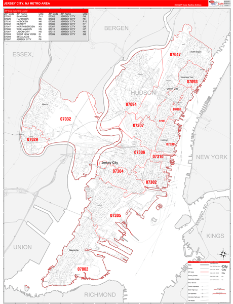 Jersey City, NJ Metro Area Zip Code Wall Map Red Line Style by ...