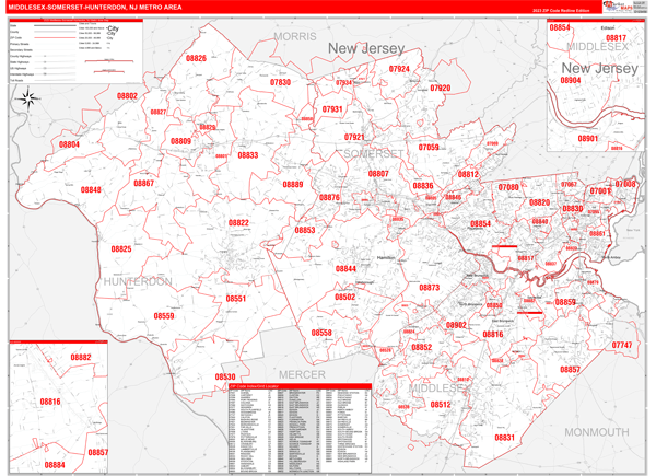 Middlesex-Somerset-Hunterdon, NJ Metro Area Zip Code Wall Map Red Line ...