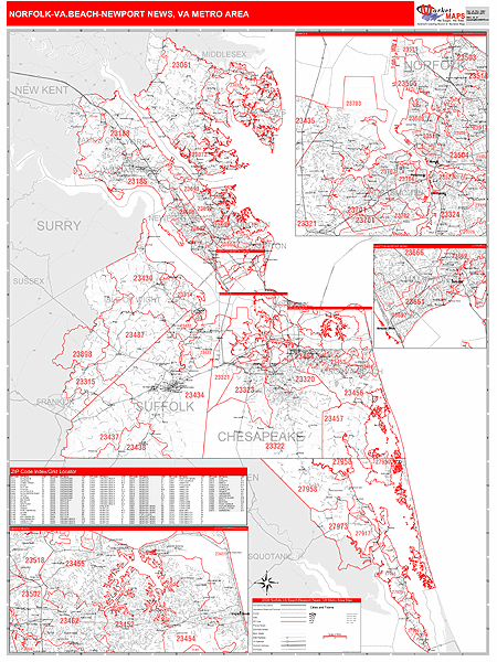 Norfolk-Va. Beach-Newport News, VA Metro Area Zip Code Wall Map Red ...