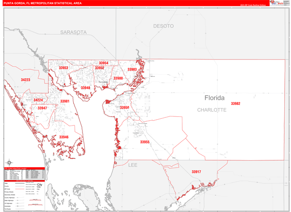 Punta Gorda, FL Metro Area Wall Map Red Line Style by MarketMAPS - MapSales