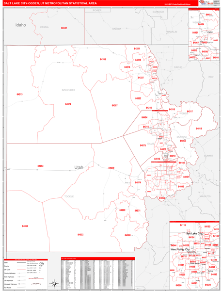 Salt Lake City, UT Metro Area Wall Map Red Line Style by MarketMAPS ...