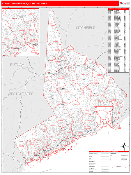 Stamford-Norwalk, CT Metro Area Zip Code Wall Map Red Line Style by ...